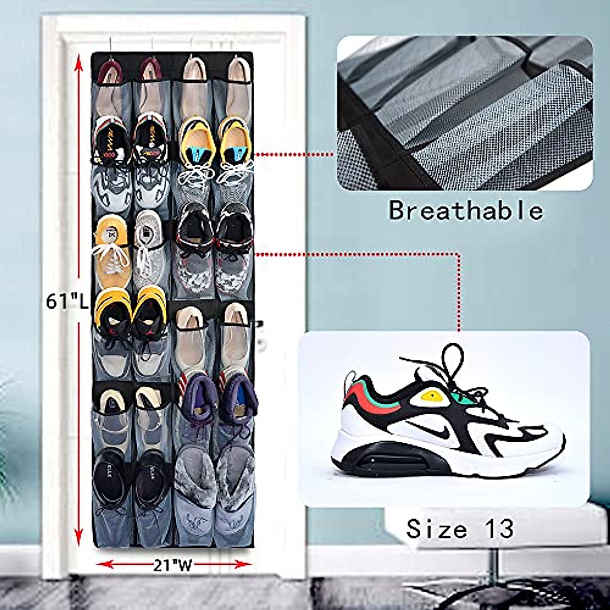 CiLai Over The Door Shoe Organizer 24 Large Mesh Pockets Hanging Shoe Hanger Holder for Closet(Black)