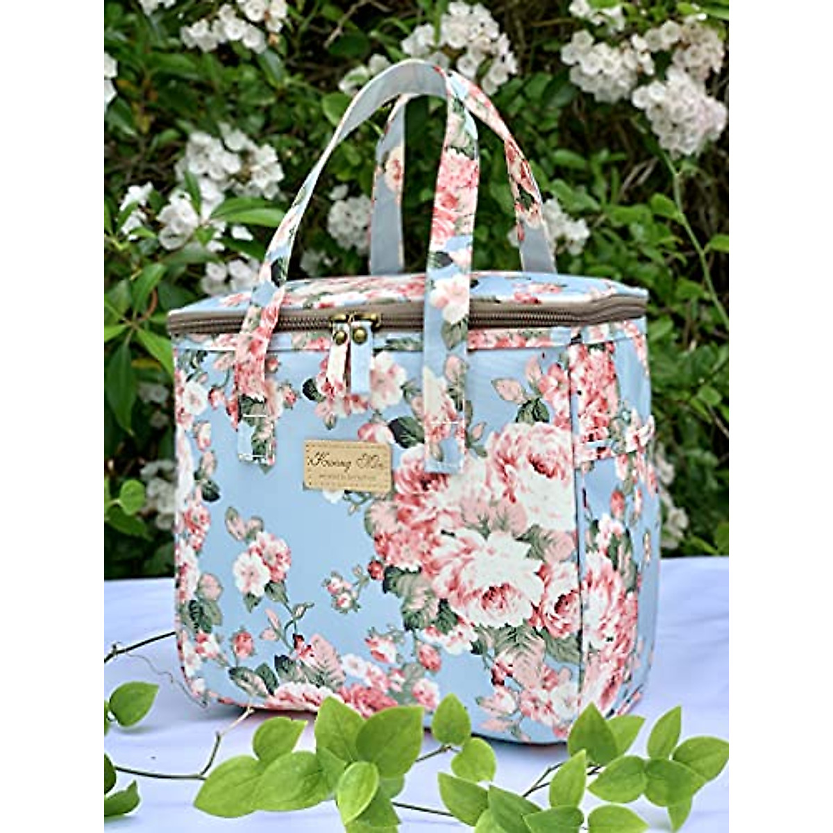 Kwang Min Floral Insulated Lunch Bag for Women,Reusable Lunch Box,Large Cooler for School,Office,Picnic Outdoors,Premium Waterproof Fabric,Ideal Gift for Girls/Adults (Peony Blue)
