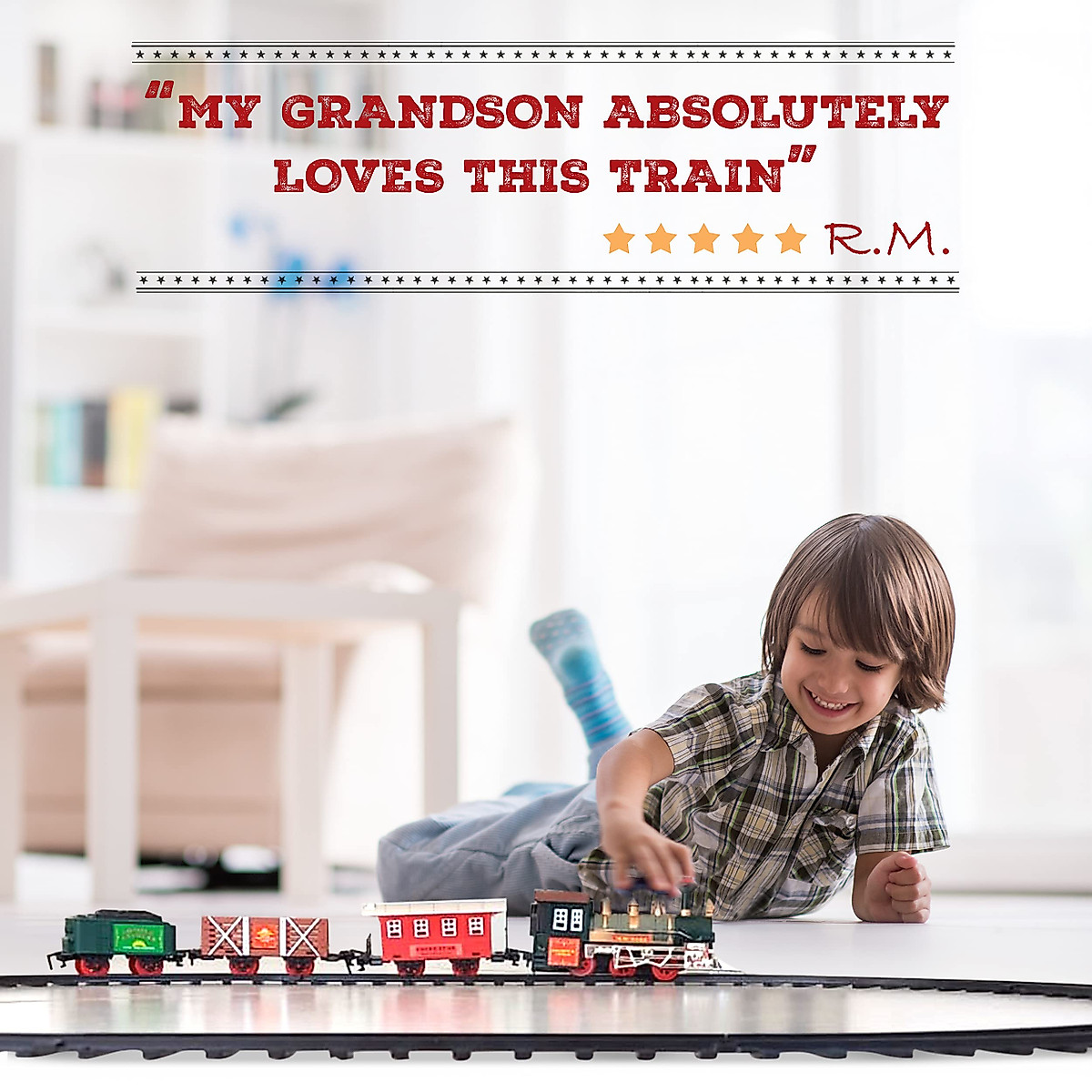 Kids Train Set - Electric Train Set for Boys 3-5 w/Lights & Sound, Train Toy Railway Kits Gift Toy w/Steam Locomotive Engine, 4 Horses & Tracks, for 4-7