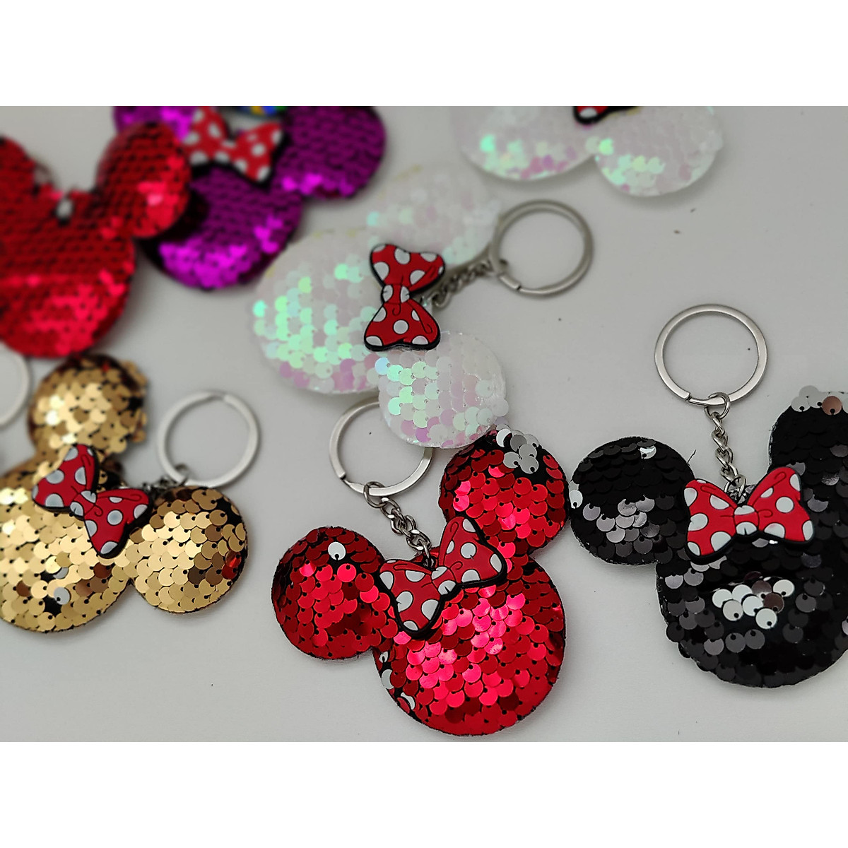 ITISMINE 12 pieces Sparkly BLINK Plush Reversible Sequin 3 inch Key Chain Appeal Backpack Bag Accessories (Minnie Shape), Red Pink Gold Silver Rainbow, 1 size fit all