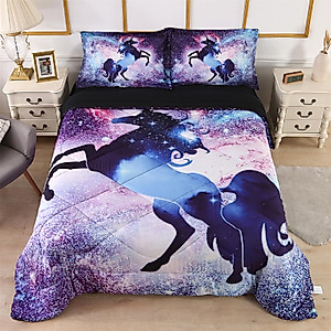 Wowelife Unicorn Full Size Bedding Set 5 Pieces Unicorn Comforter Sets Blue 3D Kids Comforter Sets Bedding Set Breathable with Comforter, Flat Sheet, Fitted Sheet and 2 Pillowcases