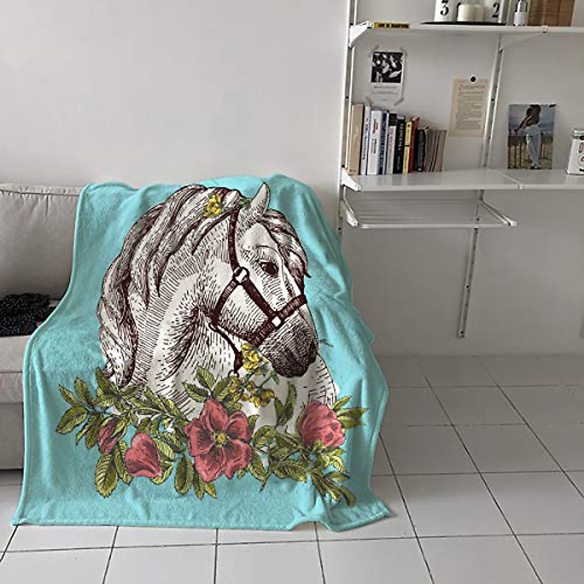 HERBED Fleece Blanket and Microfiber Soft Bed Throws Blanket 39×49inch Bohemian White Horse for Sofa Couch Decorative All Season Warm Living Room/Bedroom Lightweight Blankets