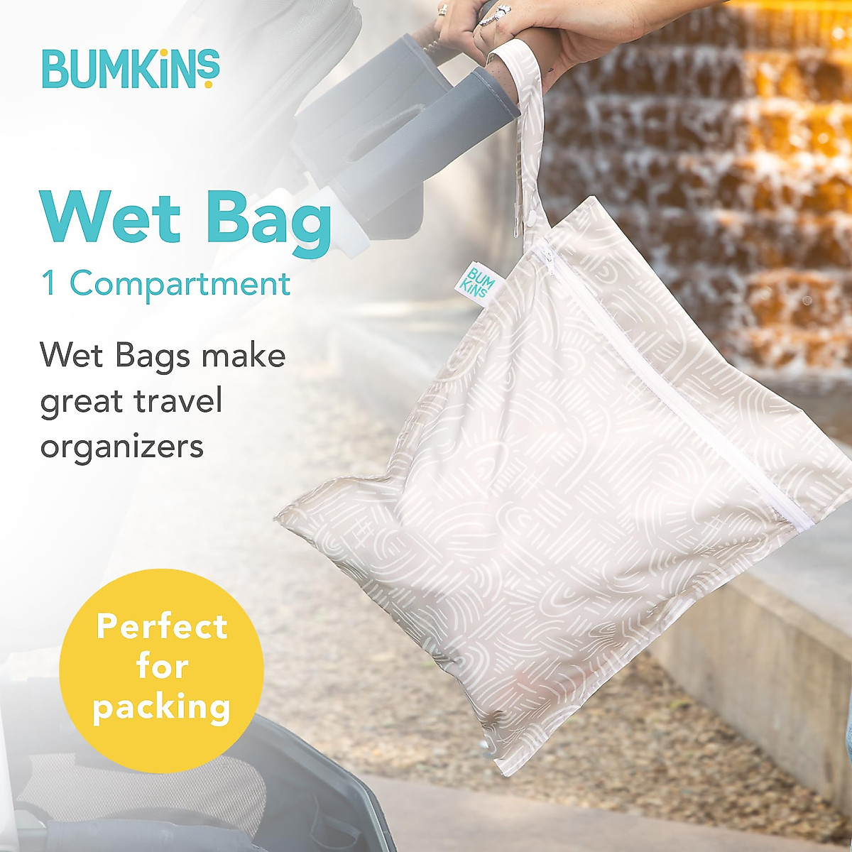 Bumkins Waterproof Wet Bag for Baby, Travel, Swim Suit, Cloth Diapers, Pump Parts, Pool, Gym Clothes, Toiletry, Strap to Stroller, Daycare, Zipper Reusable Bag, Wetdry Packing Pouch, Boho Beige