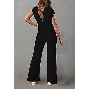 Pink Queen matching sets for women 2 Piece Cap Sleeve Sweater Knit Pullover Top Wide Leg Pants Matching Sets Black S
