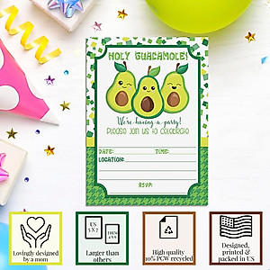 Trio of Avocados Holy Guacamole Fiesta Themed Birthday Party Invitations, 20 5x7 Fill In Cards with Twenty White Envelopes by AmandaCreation