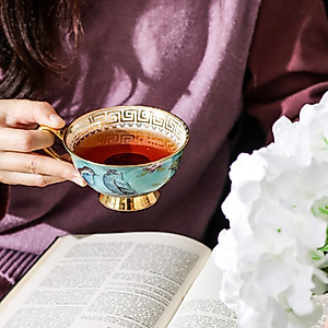 Panbado 3 Piece Bone China Tea Cup Saucer Set with Spoon Porcelain Gold Rimmed Teacup Coffee, Flower and Birds, 200 mL/6.8 oz, Blue Cup & Saucer, Dark