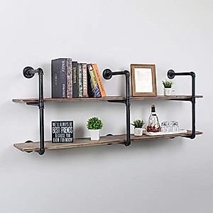 Industrial Pipe Floating Shelves,2 Tiers Wall Mount Bookshelf,63in Rustic Wall Shelves,DIY Storage Shelving Wall Shelf,Rustic Wall Shelving Unit,Wall Book Shelf for Home Organizer,Black Brushed Silver