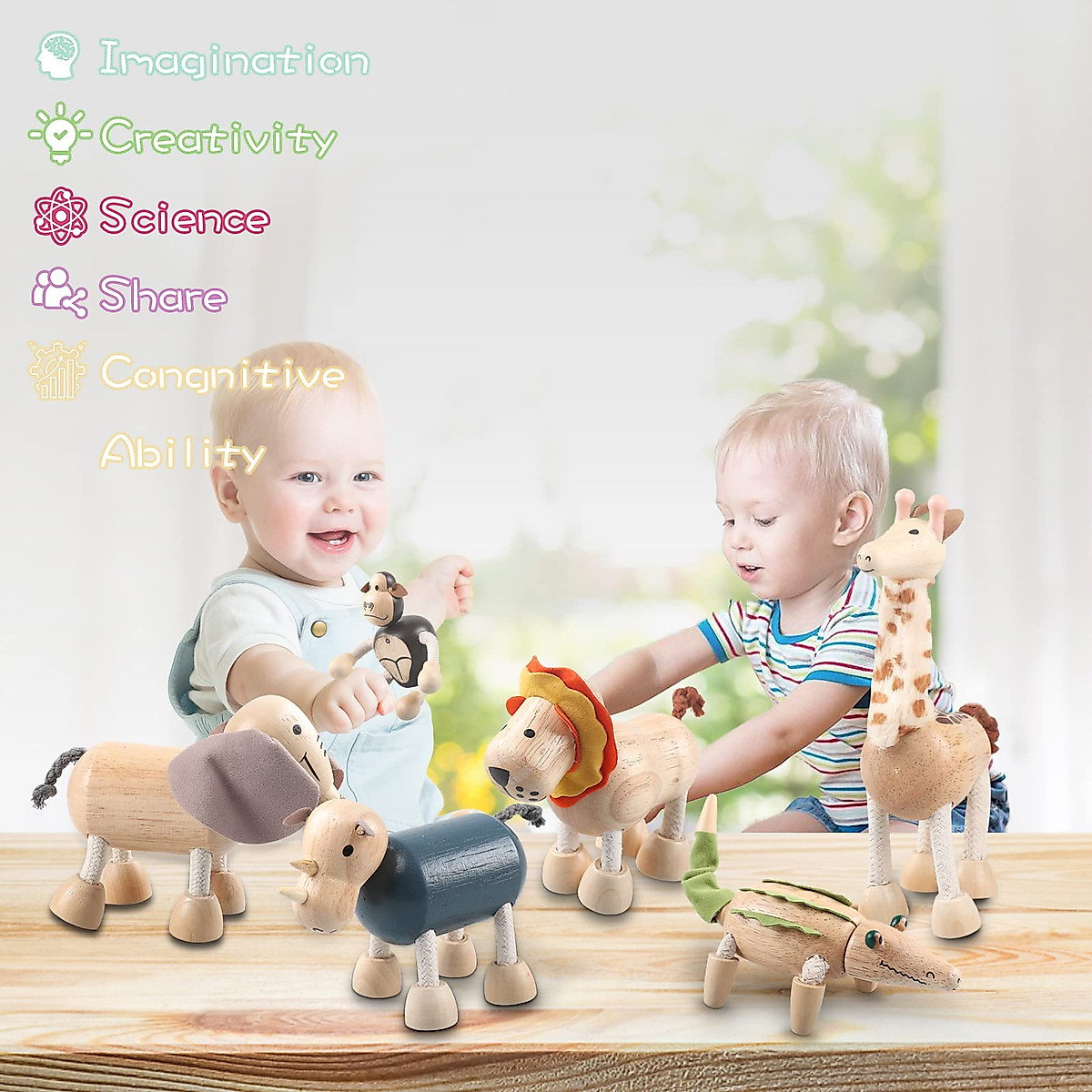 12PCS Bendable Wooden Animal Toys, Fun and Posable Animal Toys Figures for Early Education, Safari Wood Toy for Kids, Smooth Natural Wood, Wood Animal Learning Toy for Children