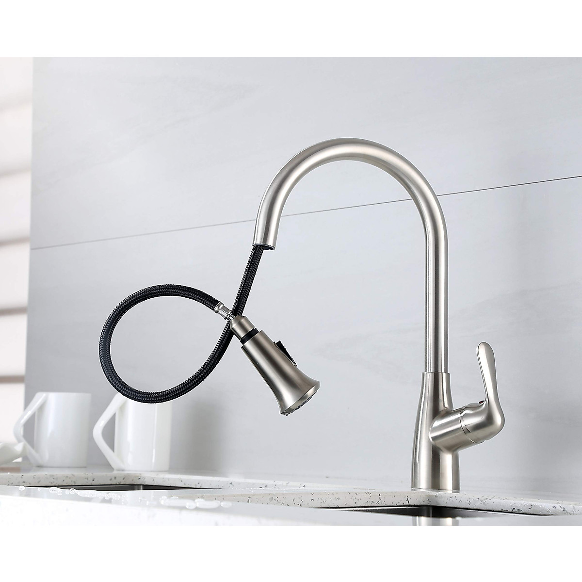 Derengge Stainless Steel Kitchen Faucet Single Handle Pull-Down Kitchen Sink Faucet with Soap Dispenser,Faucet for Farmhouse, Camper, Laundry, Rv, Bar,2 Hole Installation,KF-058S-SS