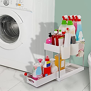 ASHATA Under Sink, Sliding Cabinet Basket, 2 Tier Storage Under Cabinet Bathroom Under Sink Organizers, for Cabinet Sliding Drawers Countertop Pantry Kitchen (White)