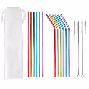 12 Pcs Reusable Metal Straws, Drinking Straws, Aluminum Straws, Smoothies Straws, Rainbow Colorful Straws for Party, Included Cleaning Brushes