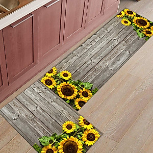 2 Piece Non-Slip Kitchen Mat Rubber Backing Doormat Sunflower on The Wooden Floor Runner Rug Set, Hallway Living Room Balcony Bathroom Carpet Sets (19.7" x 31.5"+19.7" x 47.2")