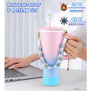 40 oz Tumbler with Handle and Straw & 6PCS Cup Accessories for 40 oz Cup - Vacuum Insulated Stainless Steel Double Wall Water Bottle Travel Coffee Mug - Holiday Gifts for Women Men (Bubble)