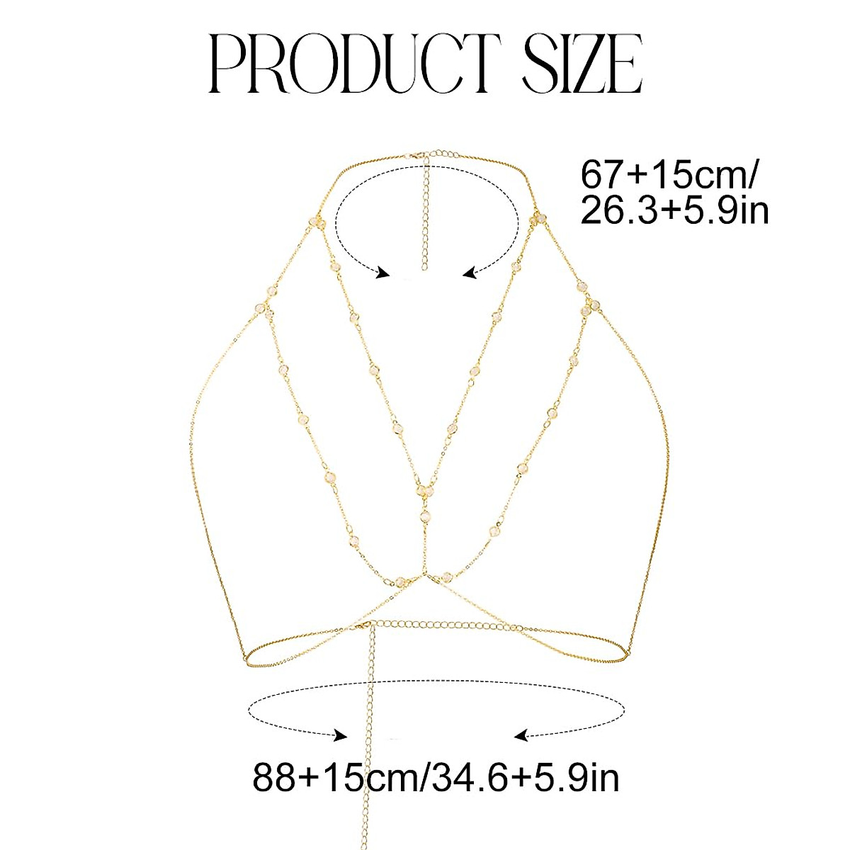 Asooll Layer Crystal Body Chain Rhinestone Bra Beach Bikini Chains Harness Chain Party Nightclub Body Accessories Jewelry for Women and Girls (Gold)