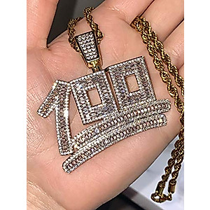 100 PERCENT EMOJI Money Custom Pendant Iced Out Diamond cz Necklace Men Women 925 Italy Gold Finish Iced Silver Charm Ice Out Pendant Stainless Steel Real 3 mm Rope Chain, Rope Necklace (20)