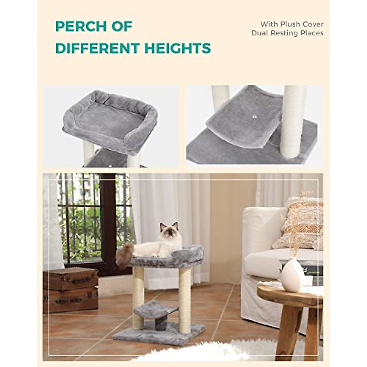 PETEPELA Cat Scratching Post, Cat Tree Tower for Indoor Cats, Cat Scratcher with Large Plush Top Perch Bed, Cat Post and Curved Platform
