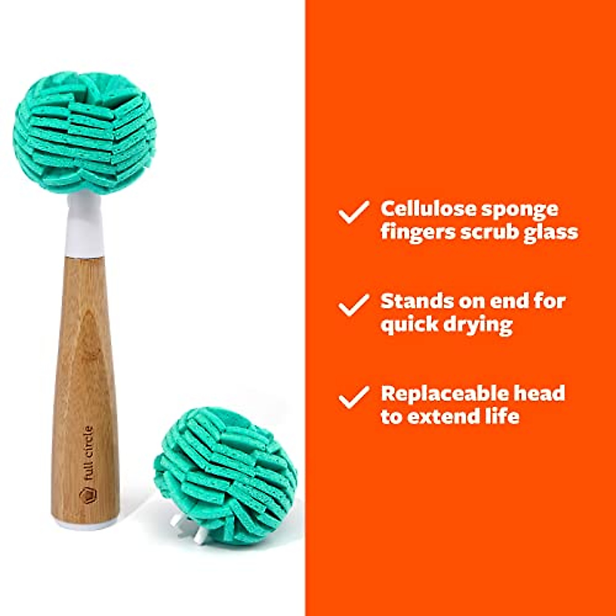 Full Circle Crystal Clear 2.0 Replaceable Glass Cleaner - Gentle Sponge Cleaning Brush for Washing Glasses – Bamboo Handle and Layered Cellulose Sponge Kitchen Dish Brush, One Size, White