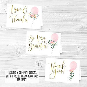 24 Pink Balloon Baby Shower Thank You Cards With Envelopes, Kids Thank-You Note, 4x6 Gratitude Card Gift For Guest Pack For Party, Birthday, For Girl Children, Cute Watercolor Blush Event Stationery