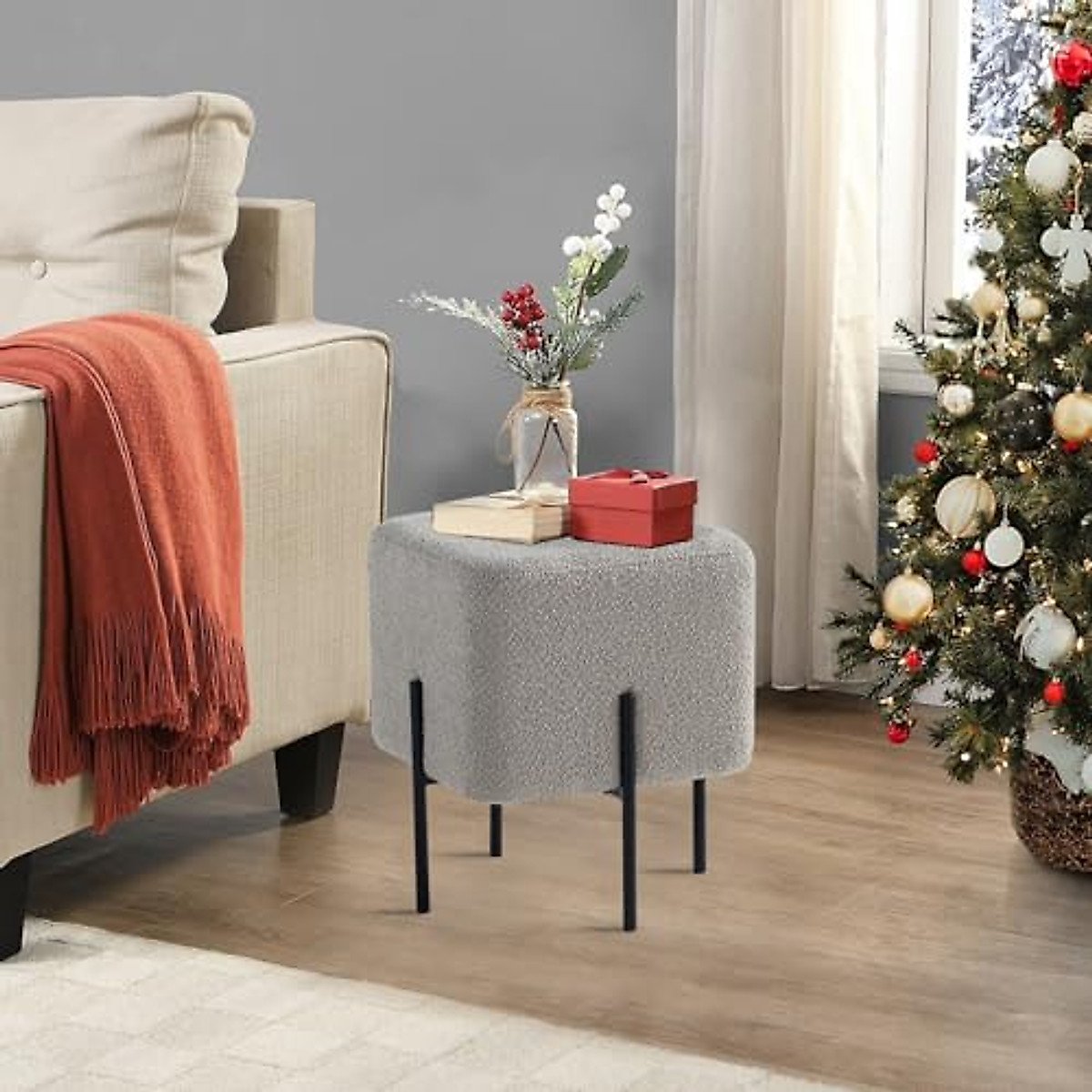 Get Set Style Modern Vanity Ottoman Stool Boucle Foot Stools Square Small Vanity Chair for Makeup Room Footrest Stool with Metal Legs Home Décor Stool for Living Room, Bedroom, Entryway
