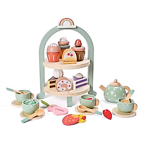 MONT PLEASANT 27pcs Wooden Tea Set for Little Girls, Toddler Tea Set Wooden Toys Play Kitchen Accessories with Cupcake Stand, Kids Tea Party Set Pretend Play Food Birthday Gift Playset