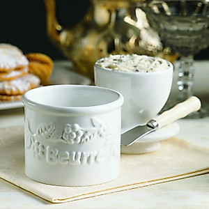 Butter Bell - The Original Butter Bell crock by L Tremain, a Countertop French Ceramic Butter Dish Keeper for Spreadable Butter, La Fleur Collection (White Raised Floral)