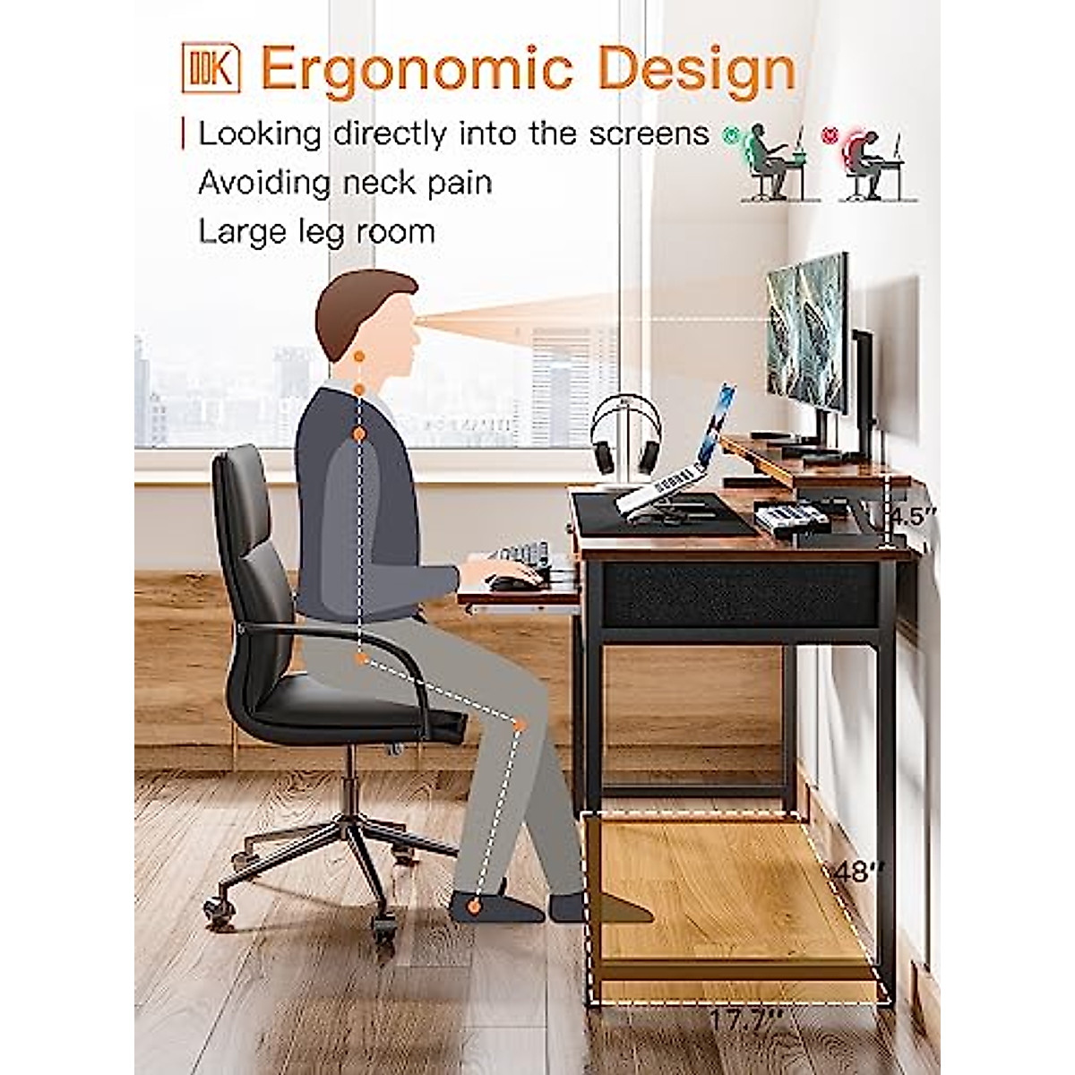 ODK Computer Desk with Keyboard Tray and Drawers, 48 inch Office Desk with Storage, Writing Desk with Monitor Shelf, Work Desk Workstation for Home Office/Bedroom, Rustic Brown