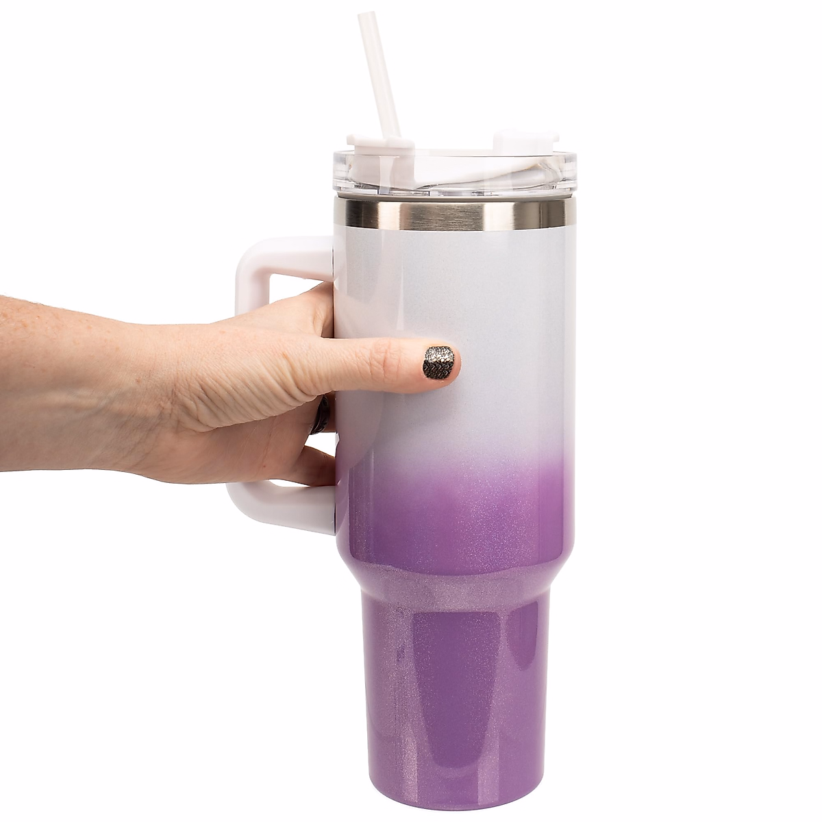 Elanze Designs Majestic Flying Dragon 40 oz. Stainless Steel, Large Water Bottle Coffee Mug, Spill & Leak Resistant, Thermal Travel Tumbler with Handle, Lid & Straw, White & Purple