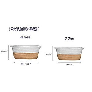 YUKIMOCOO Dog Toy Basket White Brown Cotton Rope Basket Shallow Cute Pet Toy Storage Bin Home Storage Woven Basket for Living Room Clothes Towel Blanket Item Storage Basket