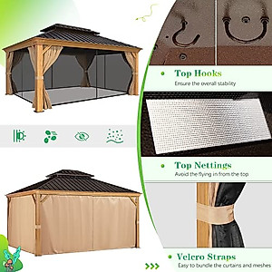 Erinnyees 12' x 16' Aluminum Wood Grain Hardtop Gazebo, Outdoor Aluminum Double Roof with Privacy Curtain and Mosquito Net for Patio, Lawn, Garden, Backyard(Wood Looking)