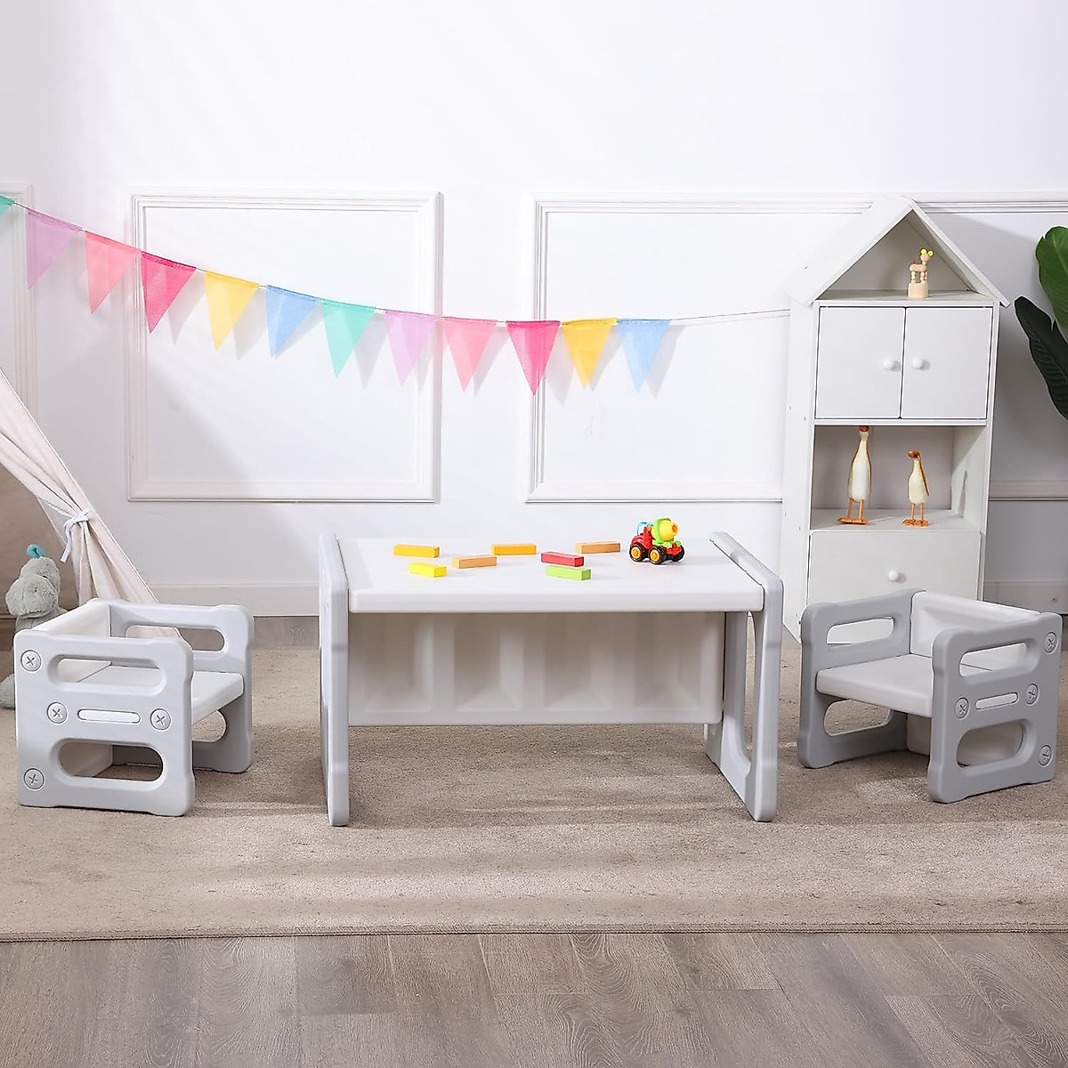 DOREROOM 4 in 1 Kids Table and 2 Chairs Set with Storage, Toddler Table and Chair Set for Kids Ages 3-10, Graffiti & Building Blocks Double-Sided Tabletop (Gray, 2 Chairs)