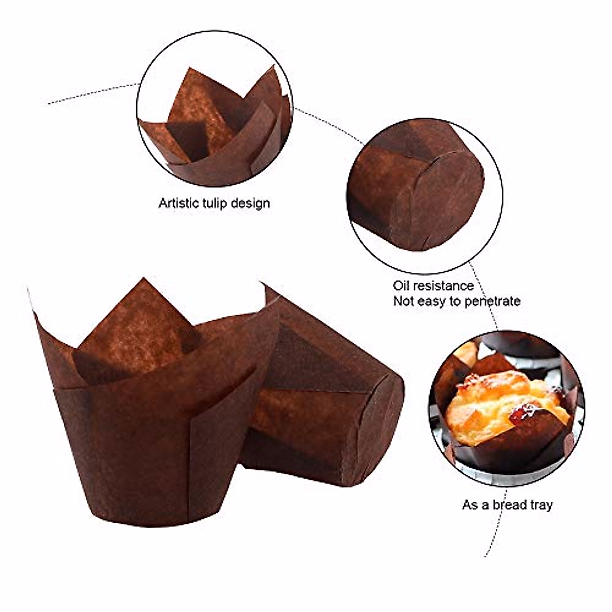 BAKHUK 200pcs Tulip Cupcake Baking Cups, Muffin Baking Liners Holders, Rustic Cupcake Wrapper, Brown, White and Nature Color
