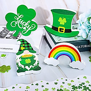 Whaline 4Pcs St. Patrick's Day Wooden Sign Shamrock Hat Gnome Rainbow Table Ornament Lucky Clover Shape Table Centerpieces Irish Holiday Classic Table Centerpiece for Home Fireplace Tiered Tray Decor