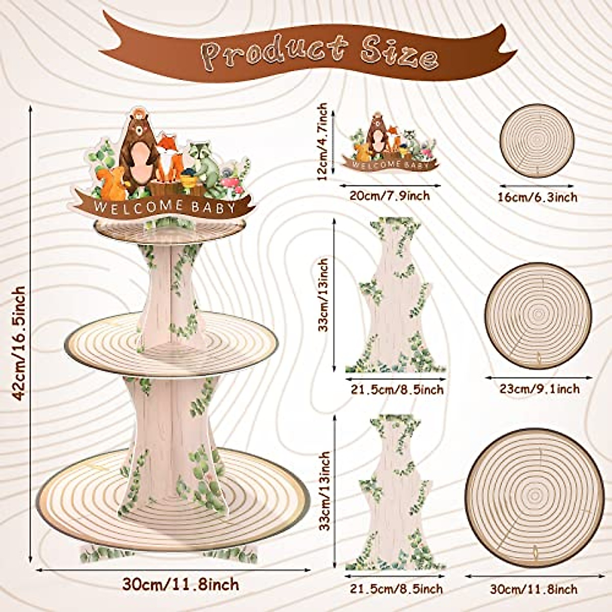 Woodland Baby Shower Decorations Woodland Cupcake Stand, 3 Tier Rustic Jungle Animal Wood Cupcake Holders Woodland Creatures Forest Lumberjack Theme Party for Boy Girl Welcome Party Supplies