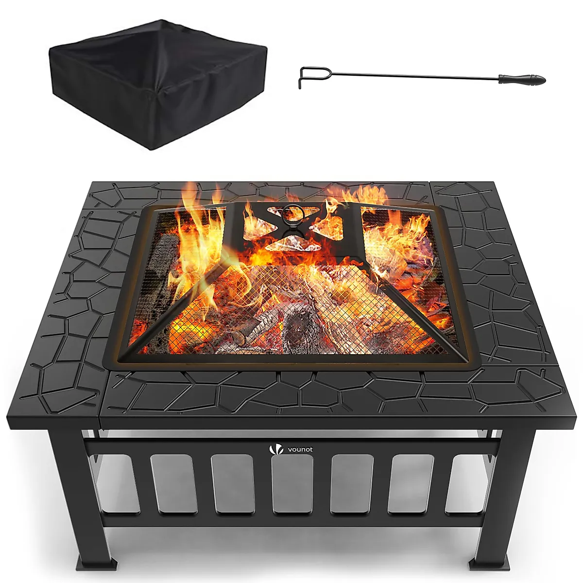VOUNOT 3 in 1 Metal Square Firepit 32 inch Heavy Duty Fire Pit Table Outside Wood Burning Fire Pits with Spark Screen Lit and Rain Cover for Camping Garden Patio, Black