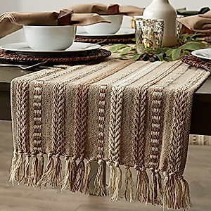 DII Farmhouse Braided Stripe Table Runner Collection, 15x72 (15x77, Fringe Included), Stone
