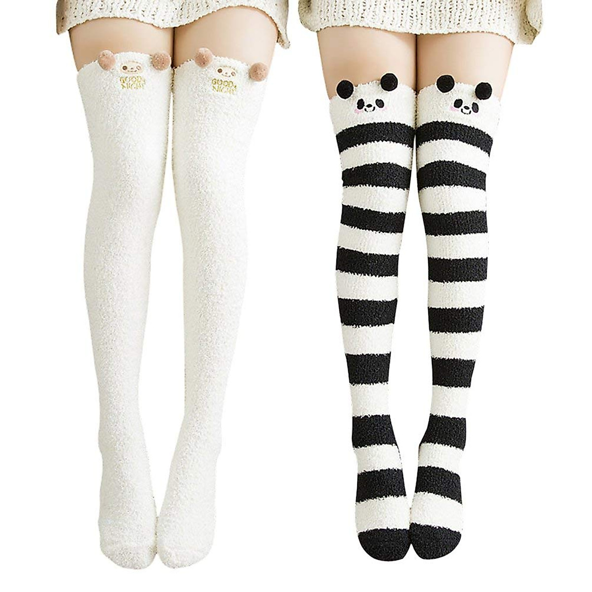 Wander G Womens Over Knee High Fuzzy Socks Cute Cartoon Thigh High Stockings Warm Stripe Leg Warmers