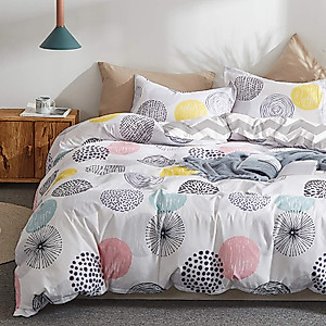 3 Piece Duvet Cover Set Twin (1 Summer Duvet Cover + 2 Pillow Shams) with Colorful Dots 800 - TC Comforter Cover with Zipper Closure 4 Corner Ties Pink Gray Yellow Circles for Teen Girls