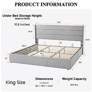 SHA CERLIN King Size Lift Up Storage Bed/Modern Wingback Headboard/Upholstered Platform Bed Frame/Hydraulic Storage/No Box Spring Needed/Wood Slats Support/Light Grey