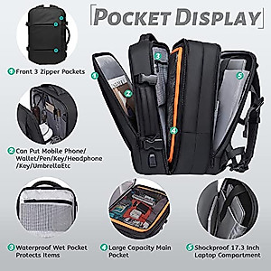 Bange 45L Travel Backpacks Expandable Luggage Backpack USB Charging Port Flight Approved Carry On Backpack With Wet Pocket Water Resistant Business Backpack 17.3 In Laptop College Daypack Black Large