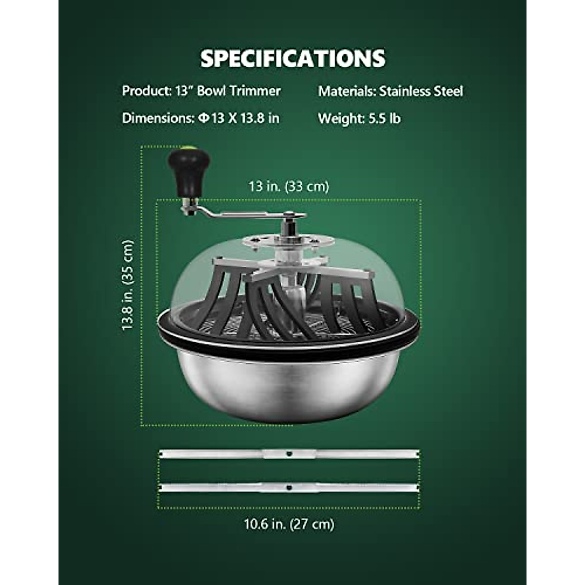 STAYGROW 13 Inch Bud Leaf Bowl Trimmer, 13" Trim Bowl with Clear Visibility Dome and Sharp Stainless Steel Blades, for Twist Spin Cutting Buds, Flowers, Leaves, Hydroponics Plants
