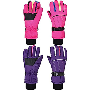 2 Pairs Kids Mittens Children Winter Snow Waterproof Thick Warm Windproof Gloves for Girls Boys (Purple and Pink Stripe Style,3-6 Years)