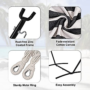 Prime Garden Cotton Rope Hammock with Space Saving Steel Hammock Stand, 2 Person Double Freestanding Hammock with Carry Bag for Outdoor Patio Yard Backyard 450 lb Capacity (Black Stripe)