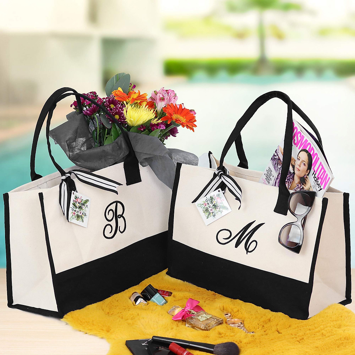 VANESSA ROSELLA Monogram Tote Bag with 100% Cotton Canvas and a Chic Personalized Monogram (Black Script Letter - M)
