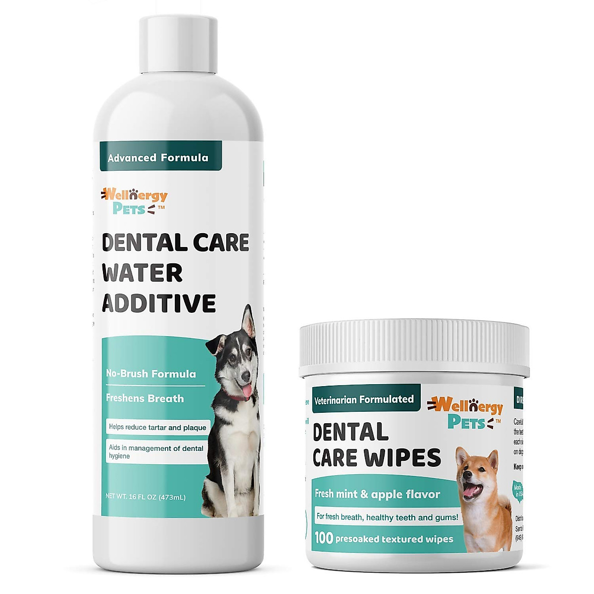 Wellnergy Pets Dental Care Combo for Dogs & Cats - Dental Water Additive 16 fl oz & Dental Wipes 100 Pads - Improves Oral Hygiene, No Brush Formula
