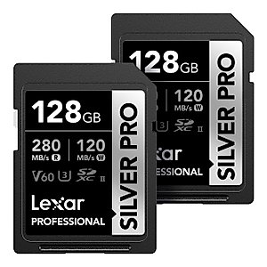 Lexar 128GB (2-PK) Professional SILVER PRO SDXC Memory Card, UHS-II, C10, U3, V60, Full-HD & 4K Video, Up To 280MB/s Read, for Professional Photographer, Videographer, Enthusiast (LSDSIPR128G-B2NNU)
