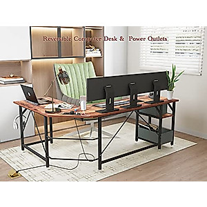 SZXKT L Shaped Desk with Power Outlets,66 inch Corner Computer Desk with Drawers,Gaming Desk Home Office Writing Study Table Reversible L Desk with Storage Shelves and Hooks(Rustic Brown)