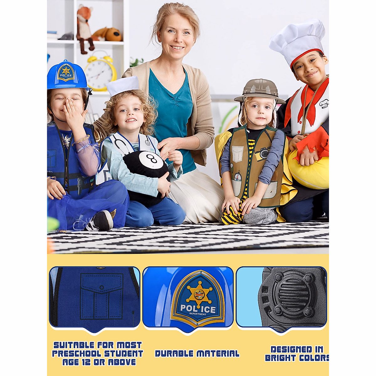 Hungdao 6 Sets Kids Dressing up Costumes, Toddler Dressing up and Pretend for Age 6-10 for Dress up Police,fireman, Doctor,construction Worker, Chef and Explorer