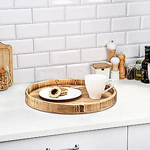 13 Inches Large Solid Wooden Serving Tray Round Tea Coffee Table Tray Snack Food Meals Serving Plate Kitchen Party Bar Server Breakfast Tray with Raised Edges Ottoman Tray Nature Wood