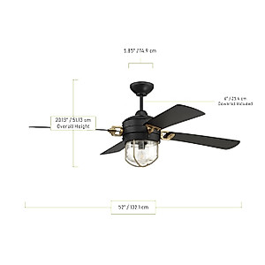 Craftmade NOL52FBSB4 Nola Dual Mount 52" Ceiling Fan with LED Light and Remote, 4 Blades, Flat Black & Satin Brass