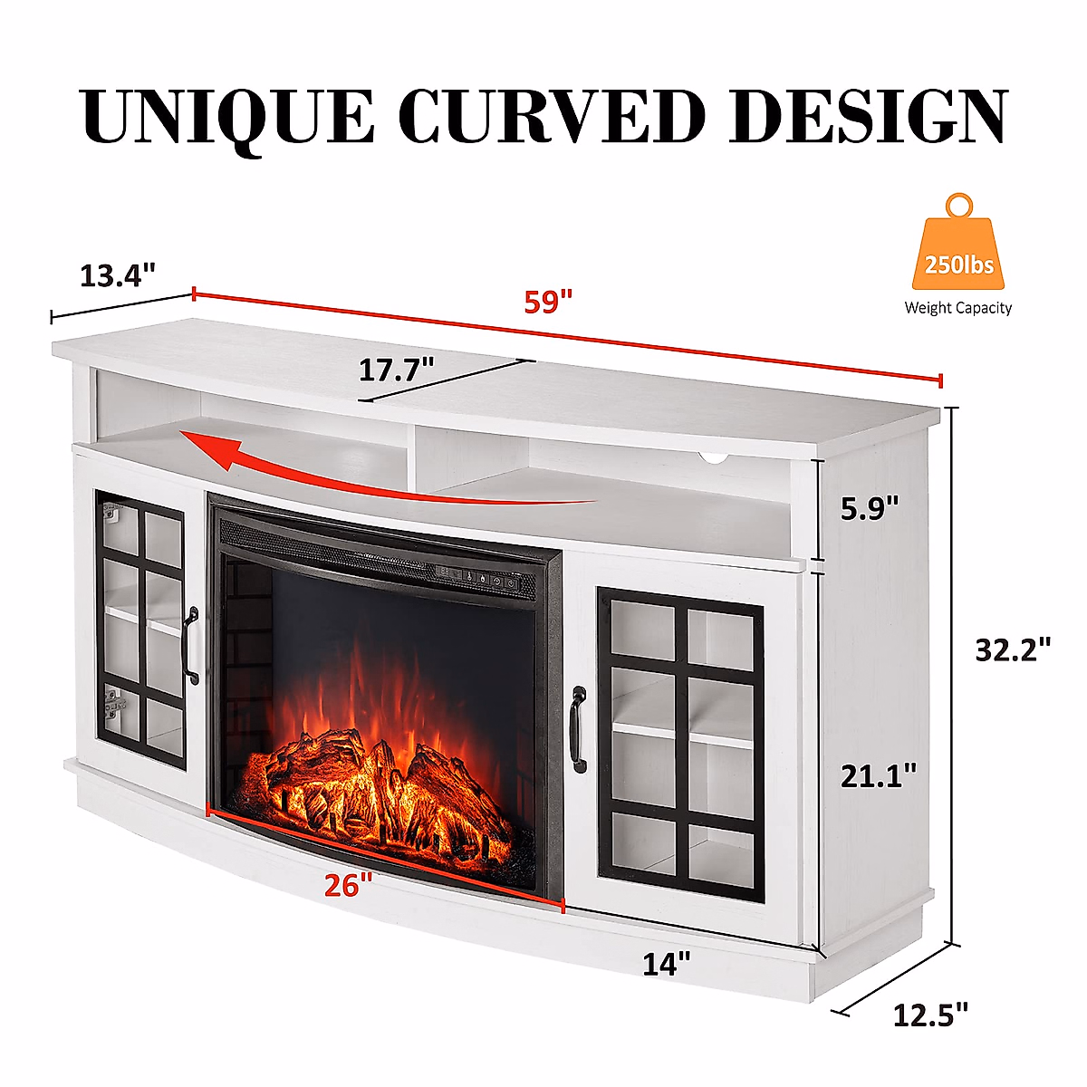 LUXOAK Curved TV Cabinet with 26" Electric Fireplace for TVs up to 65", Media Fireplace TV Console Table with Storage Farmhouse Glass Door, Distressed White